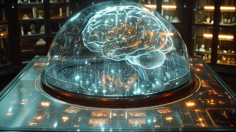 Intricate Display of a Holographic Brain Inside a Transparent Dome in a ...
