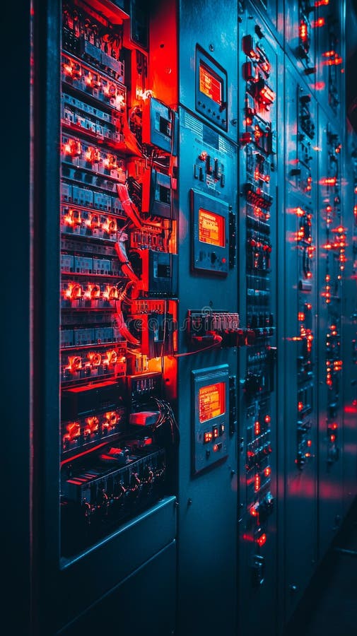 Intricate Display of Illuminated Electrical Panels in a Modern Control ...