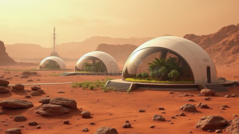 Intricate Domed Habitats are Positioned on the Martian Surface with ...