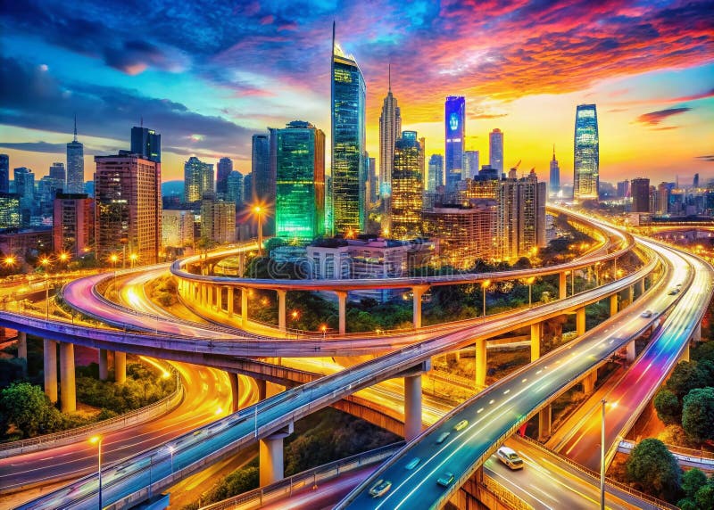 Intricate Double Exposure of a Modern Metropolis a Continuous Line ...