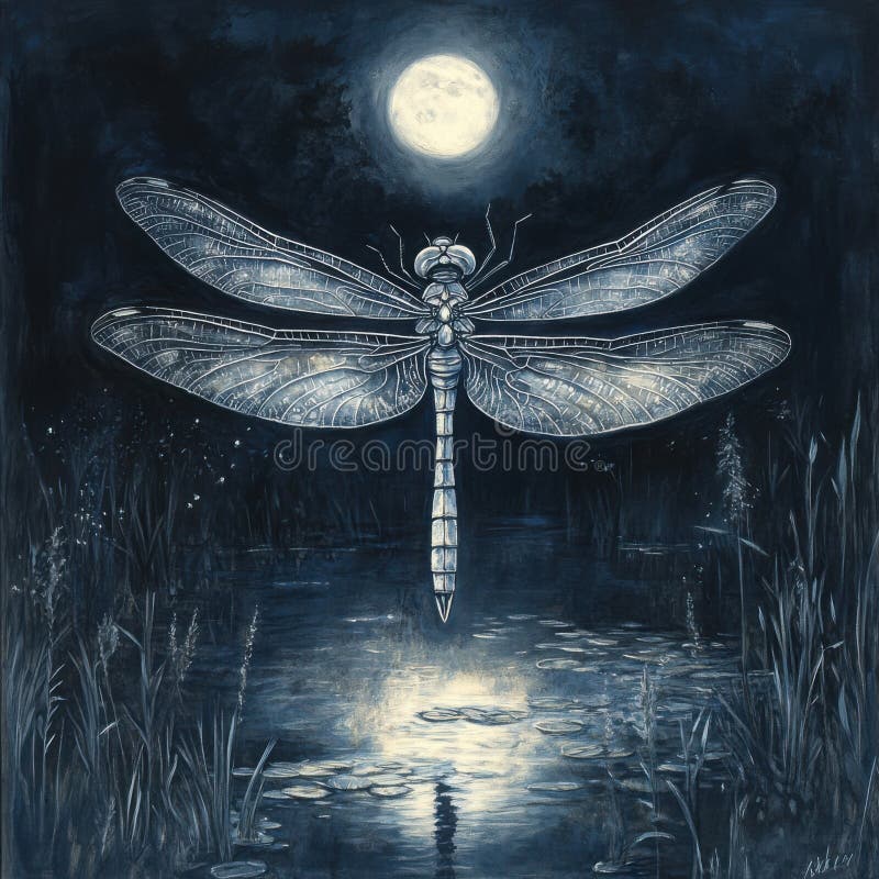 Intricate Dragonfly Under Full Moon Reflecting on Still Water Stock ...