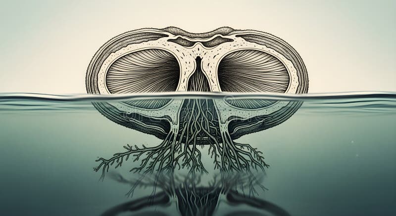 Intricate Drawing of a Half-submerged Object with Root-like Extensions, Reflecting in the Calm ...