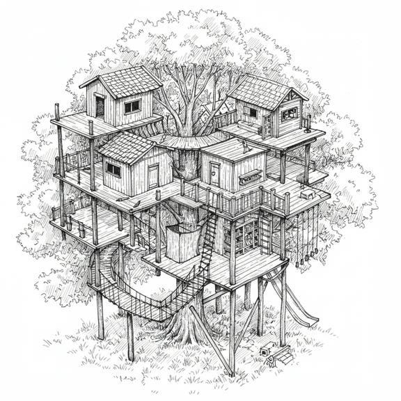 Intricate Drawing of a Multi-level Treehouse Structure Built Around a ...