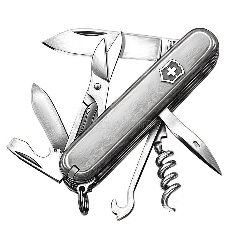 Detailed Illustration of a Multi-tool Knife Showcasing Various ...