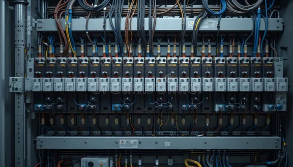 Detailed Electrical Panel Showing Circuit Breakers, Switches, and ...