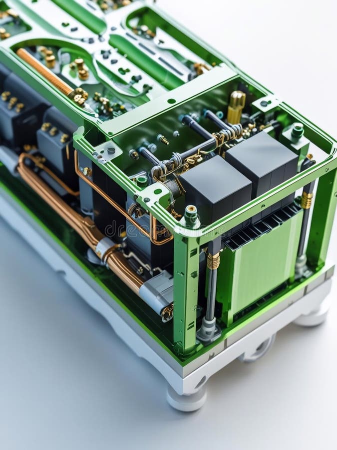 Intricate Electronic System with Green Housing and Copper Elements ...
