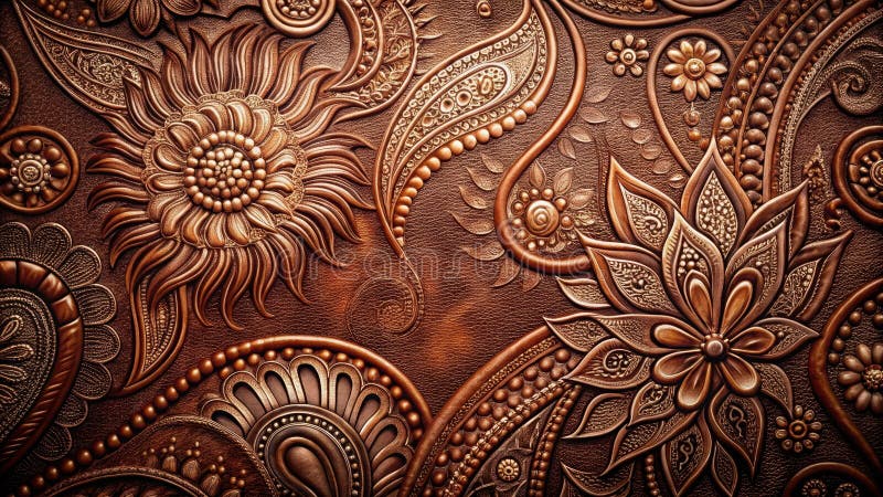 Intricate Embossed Floral Pattern on Rich Brown Leather Texture ...