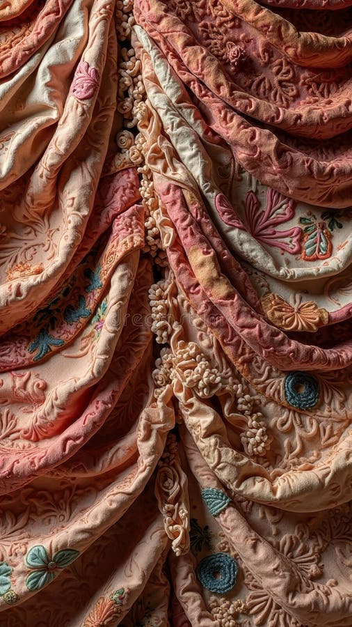 Intricate Embroidered Fabric with Floral and Leaf Patterns in Warm ...