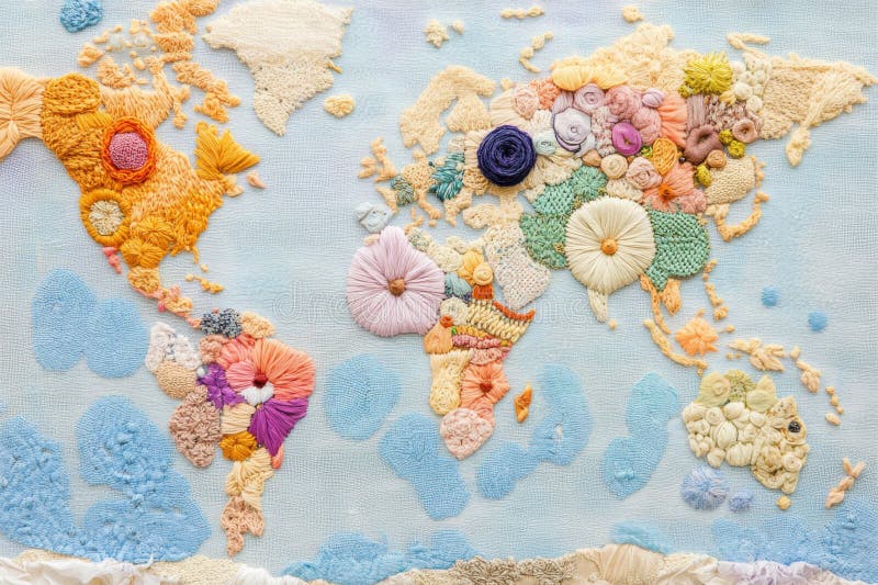 Embroidered Representation of the World Map Showcasing Colorful ...