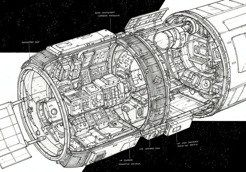 Intricate Engineering Drawing of a Spacecraft Module in Space ...