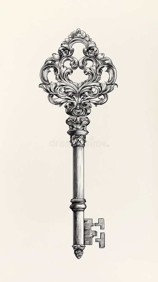 Intricate Engraving of a Victorian-style Key with Decorative Elements ...