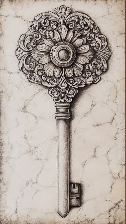 Intricate Engraving of a Victorian-style Key with Decorative Elements ...