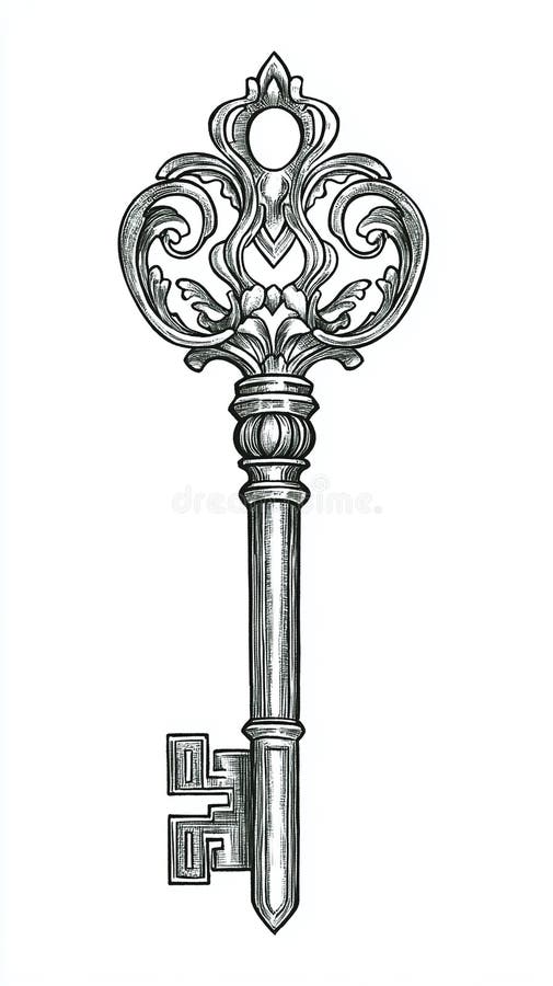 Intricate Engraving of a Victorian-style Key with Decorative Elements ...