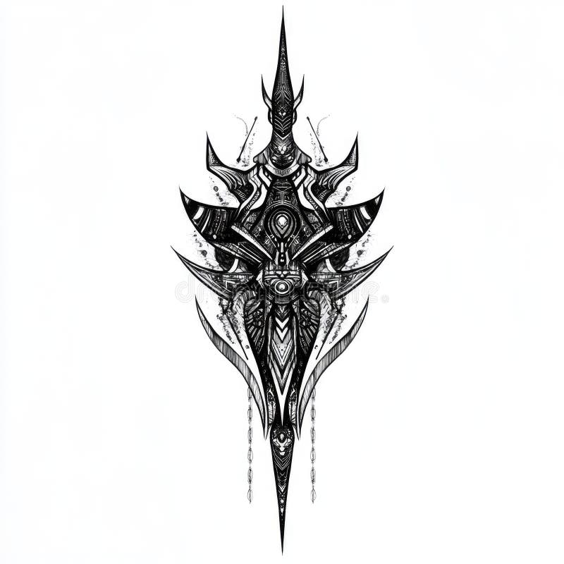 Detailed Fantasy Drawing of an Ornamental Dagger in Black and White ...