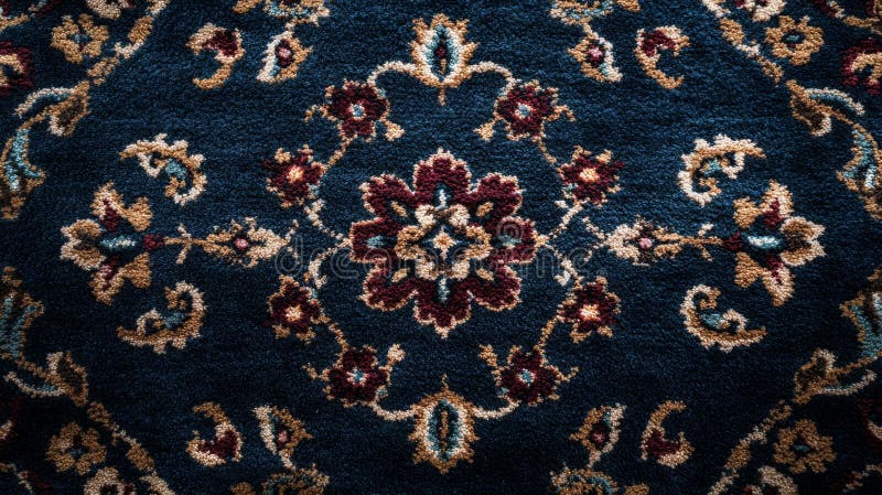 Intricate Floral Design Woven into Dark Blue Carpet Stock Illustration ...