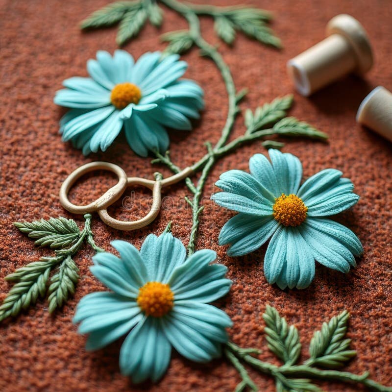 Intricate Floral Embroidery with Blue Daisies and Sewing Tools on ...