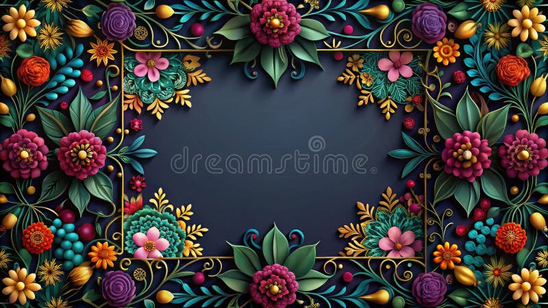 Intricate Floral Frame with Deep Blue Background and Vibrant Colors ...