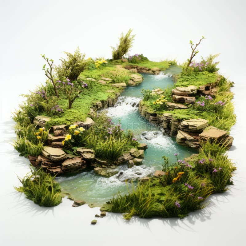 Intricate Floral Mountain Stream: 3d Rendering with Grass and Trees ...