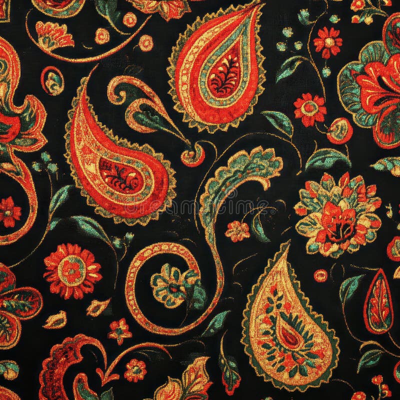 Intricate Floral and Paisley Designs on Black Textile Background Stock ...