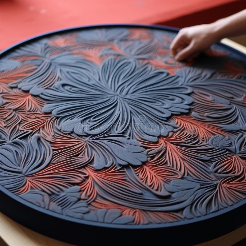Intricate Floral Pattern Plate with Light Red and Dark Navy Design ...