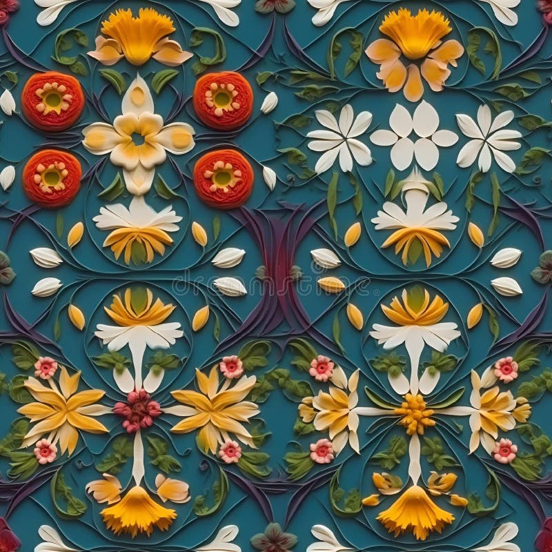 Intricate Floral Pattern with Vibrant Colors on a Teal Background Stock ...