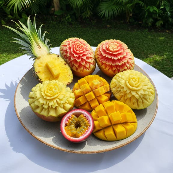 Intricate Fruit Carving: Mango, Pineapple and Passion Fruit Stock ...