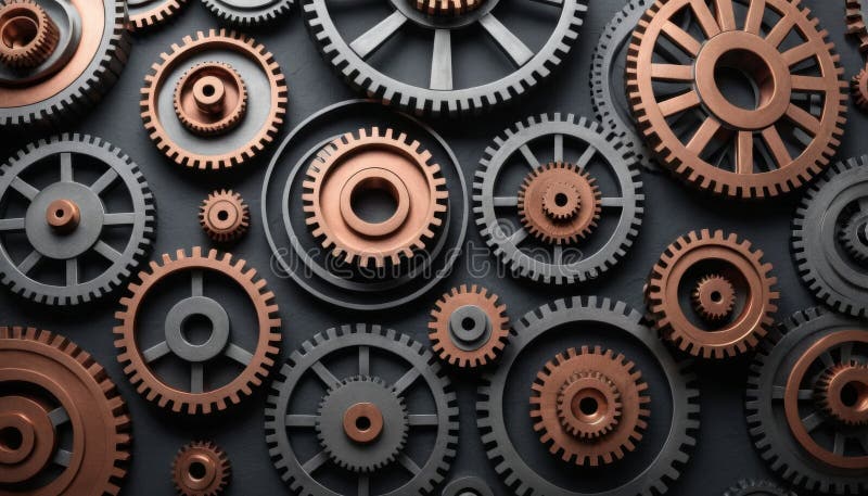Intricate Gear Mechanism: Copper and Silver Cogs on Dark Background ...