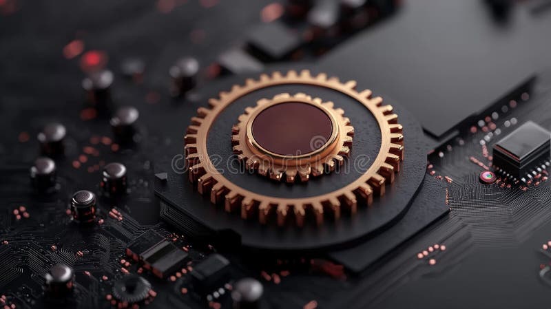 Intricate Gear Mechanism on a Dark Circuit Board Showcasing Modern ...