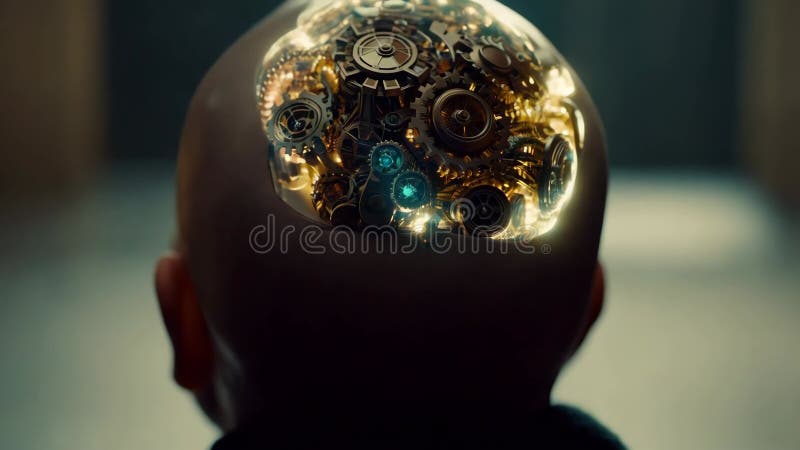 Complex Clockwork Mechanism Rotating Inside Bald Human Head Stock ...