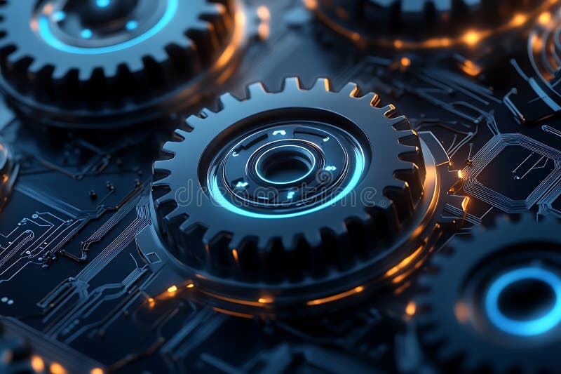 Intricate Gears Interlocked on Illuminated Circuit Board, Complex ...
