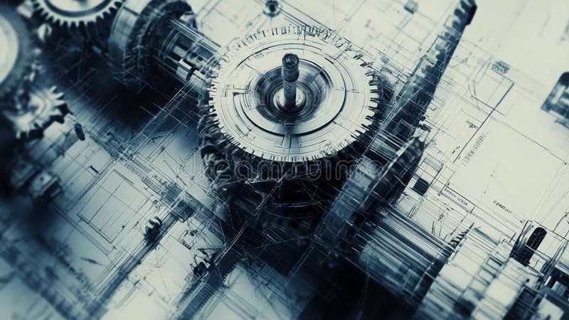 Complex Engineering Project Showing Gears Rotating on Technical Drawing ...