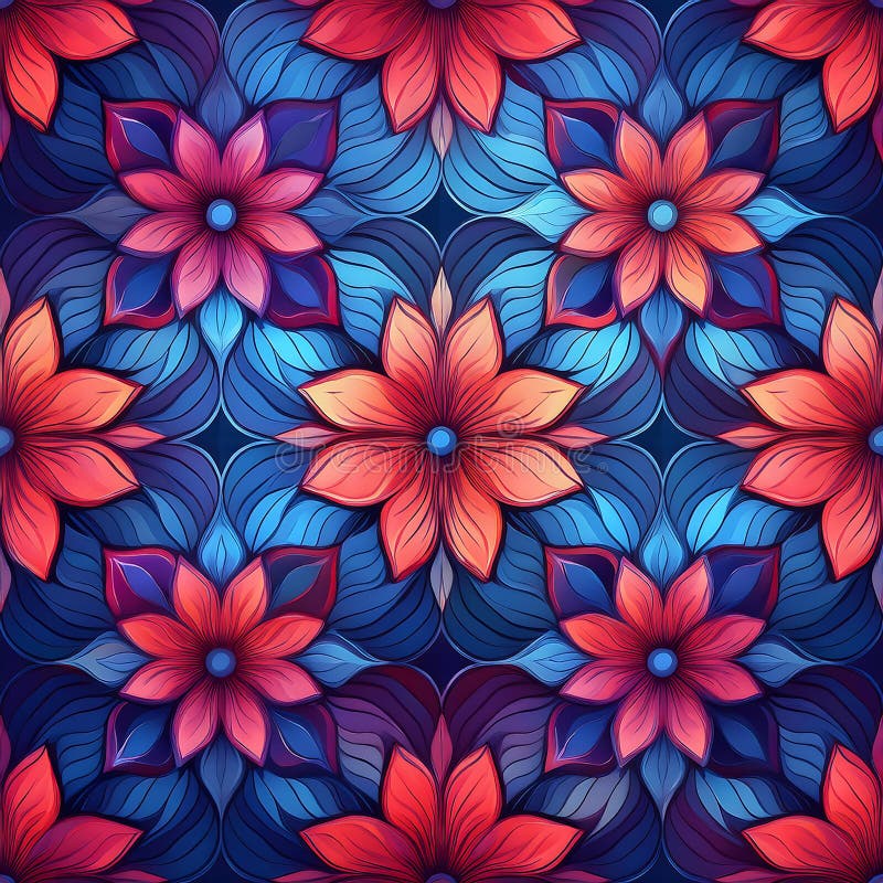 Geometric Red Winged Flower Pattern in Seamless Design with Vivid Blues ...