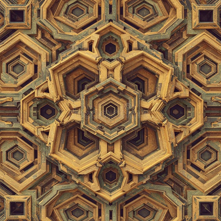 Intricate Geometric Pattern Featuring a Series of Interlocking Hexagons and Polygons, Creating a ...