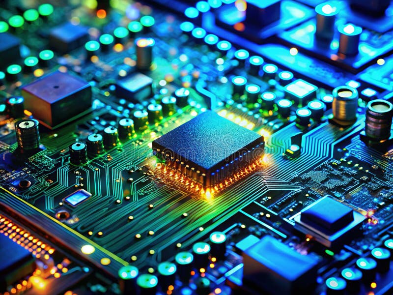 Intricate Glowing Semiconductor Circuit Boards a NightShot CloseUp ...