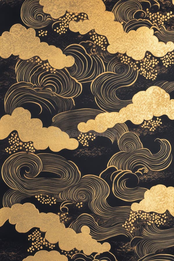Intricate Gold and Black Japanese Pattern with Abstract Clouds and ...