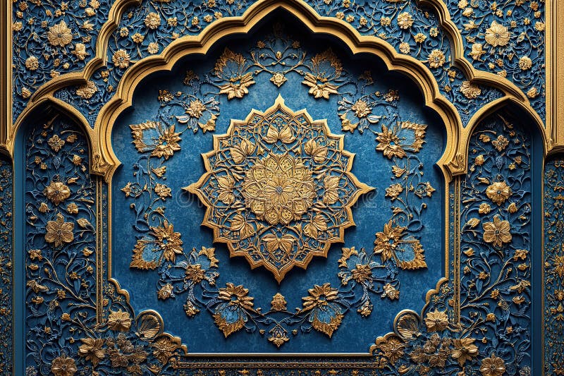 Intricate Gold and Blue Islamic Floral Archway Design Stock ...
