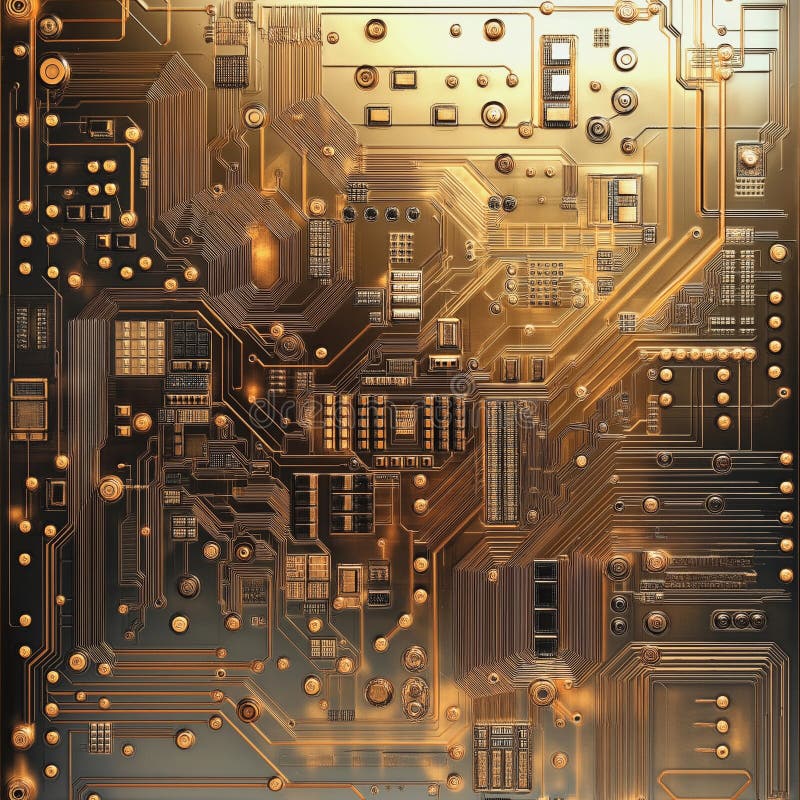 Intricate Gold Circuit Board Design with Electronic Components and ...