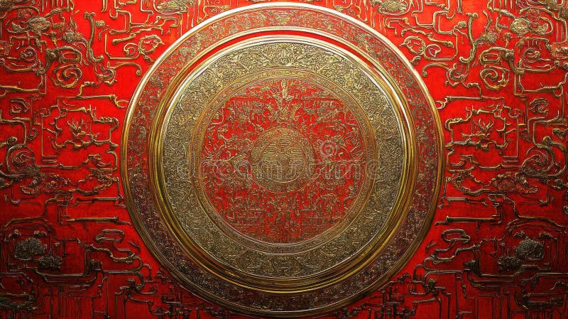 Intricate Gold Circular Design on Red Lacquered Surface Stock ...
