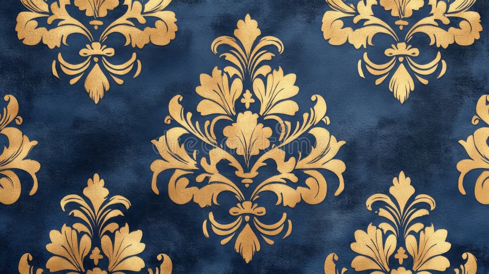 Intricate Gold Damask Pattern on a Deep Blue Background Stock ...