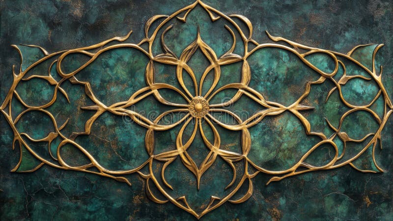 Intricate Gold Filigree Pattern on a Green Background Stock ...