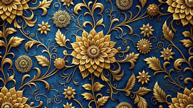 Intricate Gold Floral Design on a Deep Blue Cracked Surface. Generative ...