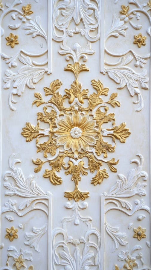 Intricate Gold Floral Design on White Wall Panel Showcasing ...