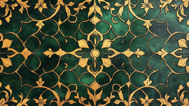 Intricate Gold Floral Pattern on Emerald Green Background Stock ...