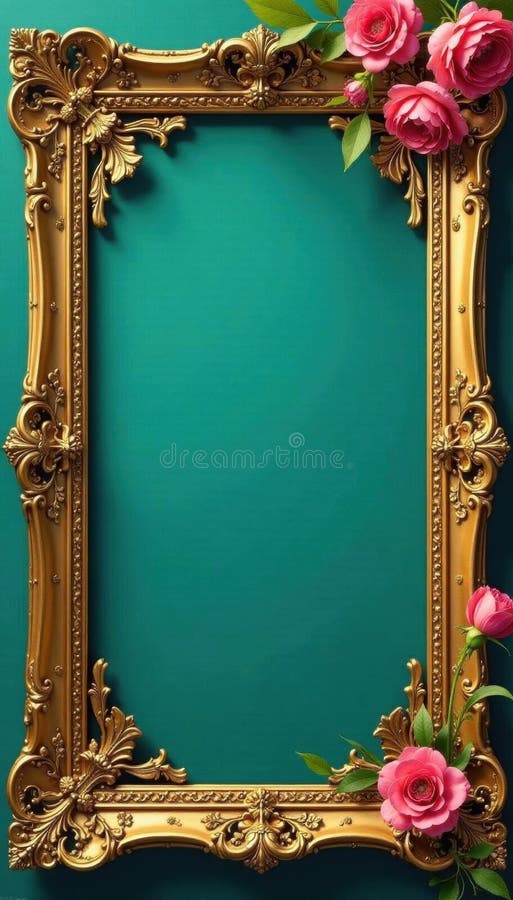 Intricate Gold Frame, Teal Corners, Floral Details, Decoration ...