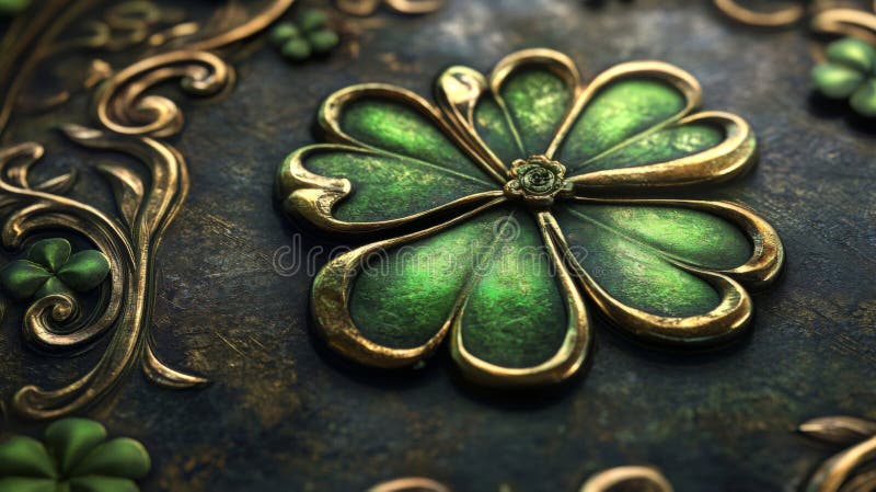 Intricate Gold and Green Four-Leaf Clover Design Stock Illustration ...