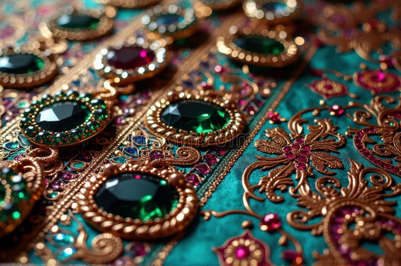 Intricate Gold and Jewel Embellished Fabric with Emerald and Ruby ...