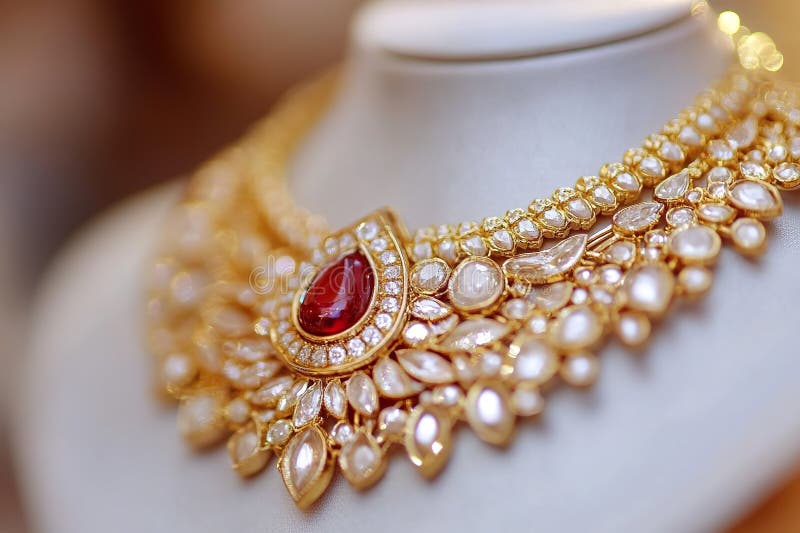 Intricate Gold Necklace with Ruby Gemstone and Pearl Details on Display ...