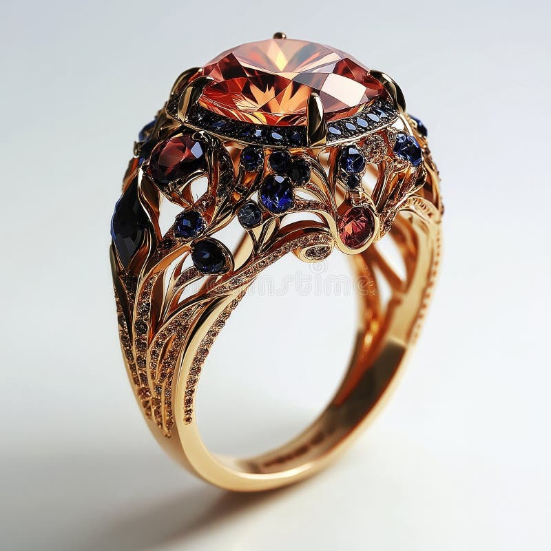 Intricate Gold Ring with Large Ruby and Blue Sapphire Accents Stock ...