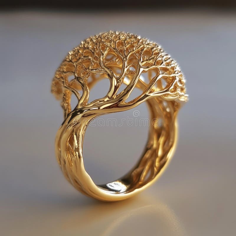Intricate Gold Tree Ring with Branch Design on Smooth Surface Stock ...