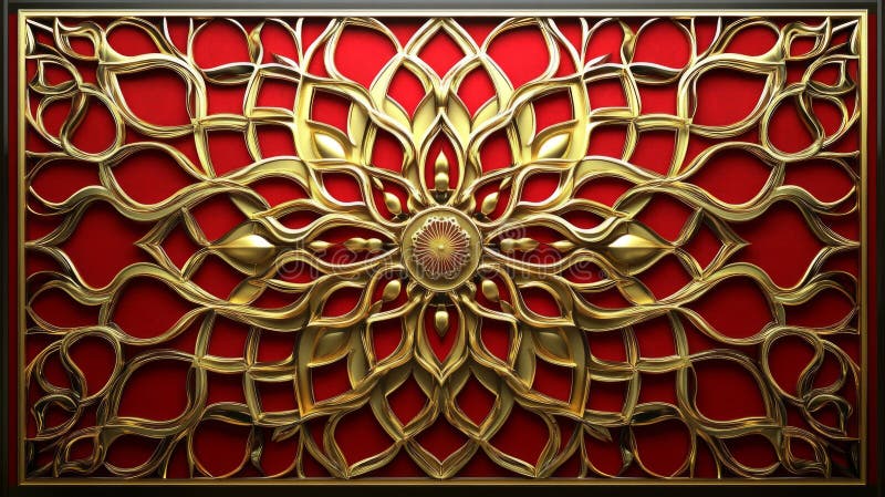 Intricate Golden Filigree Design on Red Background Stock Illustration ...